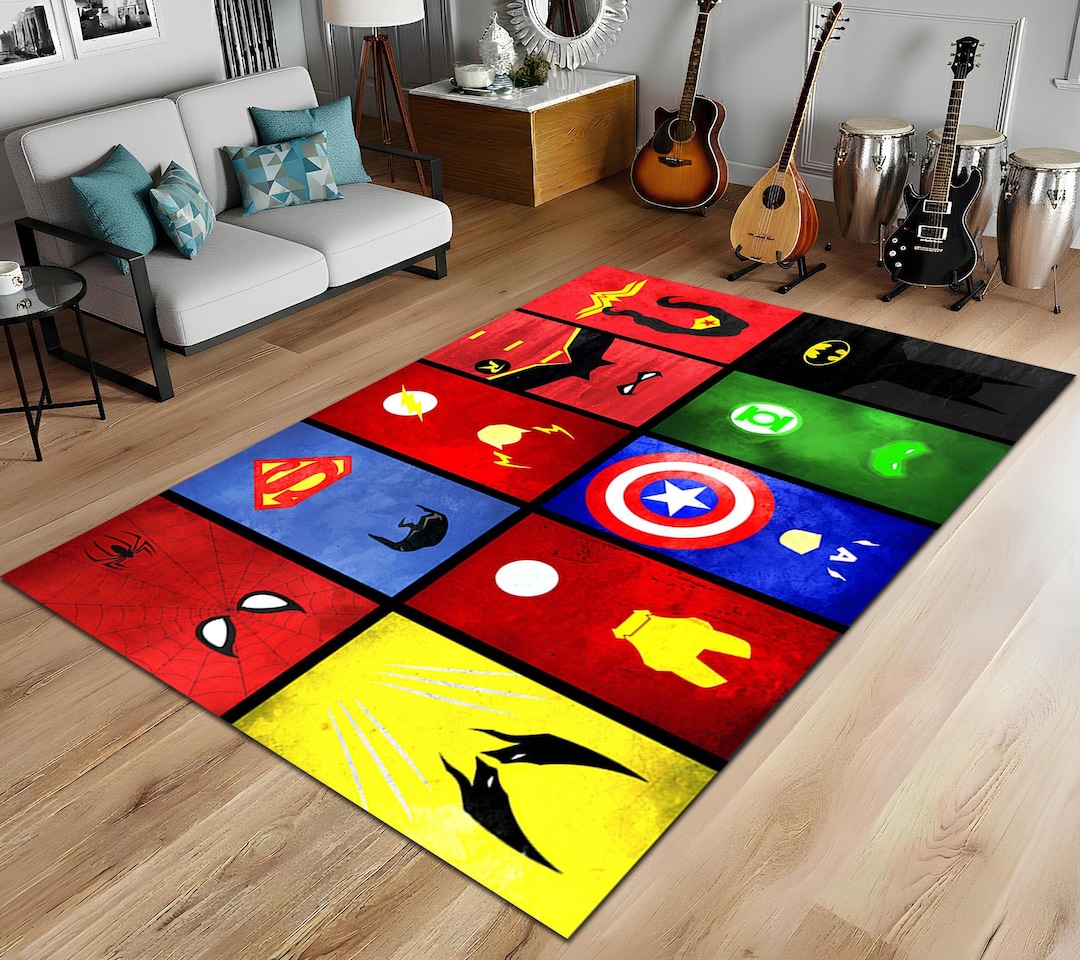 Superhero Emblem Rug, Comic Book Symbol Carpet, Kids Bedroom Floor Mat ...