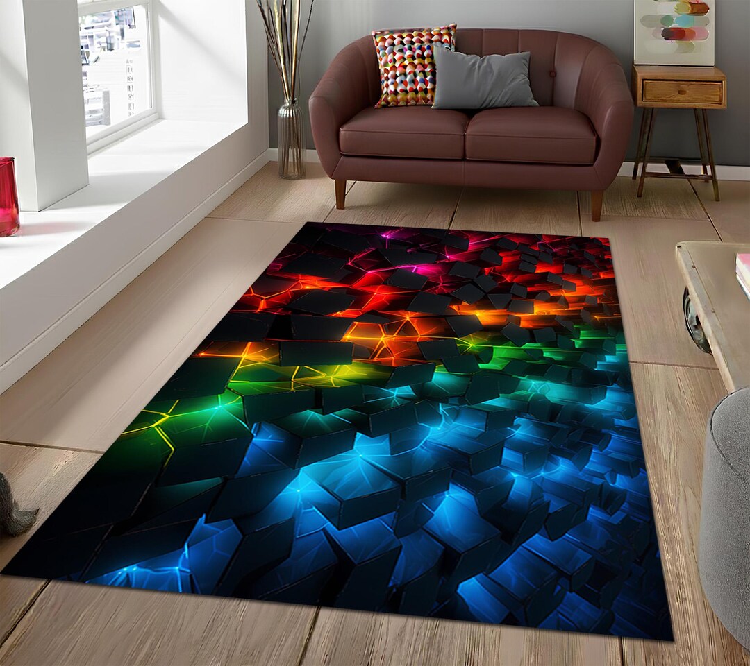 Rainbow Tech Carpet, 3D Geometric Floor Mat, Neon Explosion Rug ...