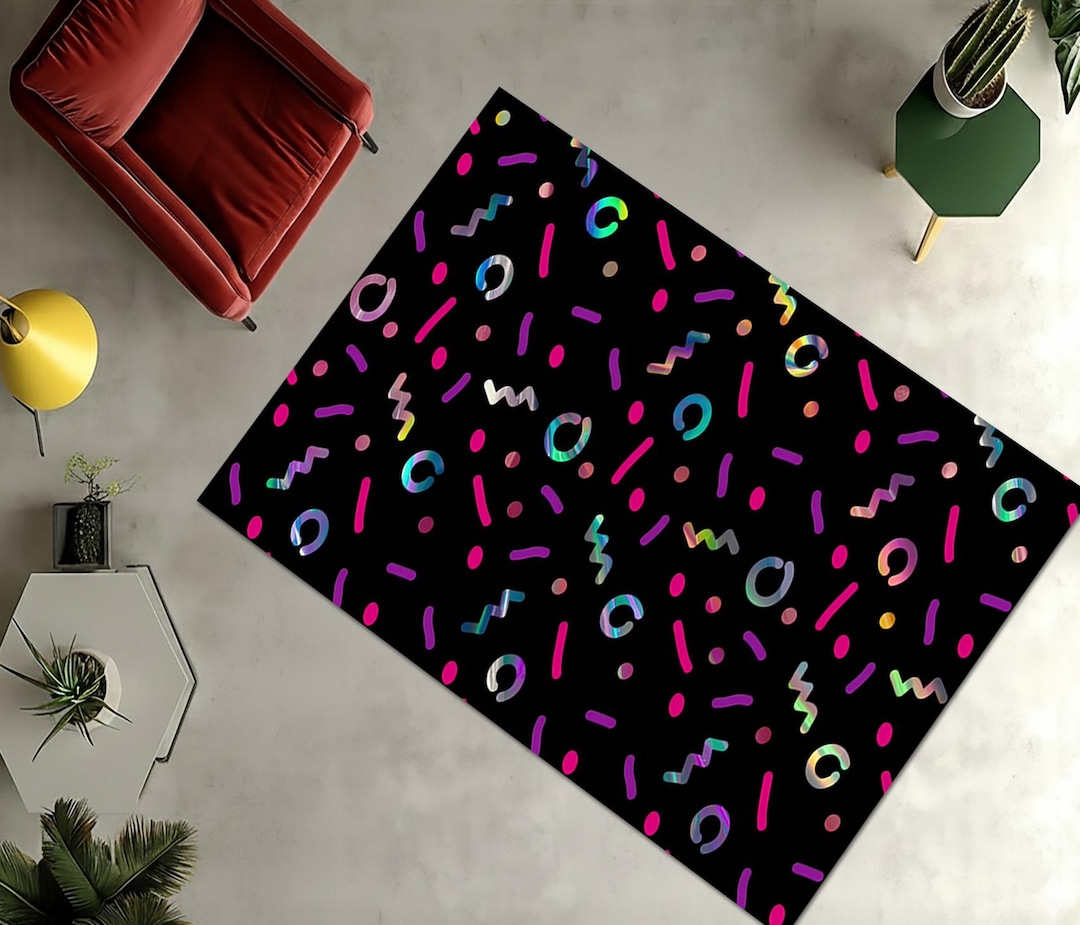 Retro Arcade Themed Carpet, 90s Nostalgia Area Rug, Neon Geometric ...
