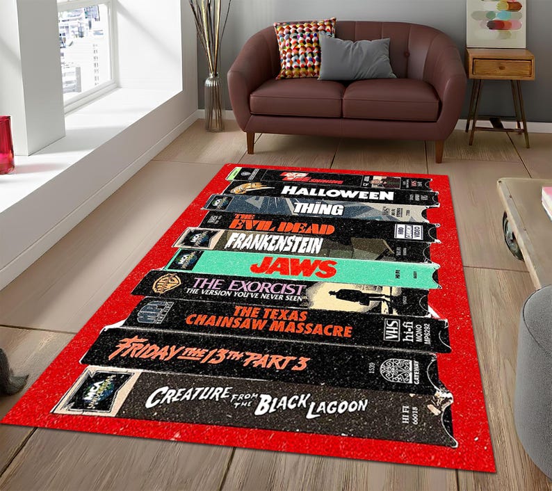 Horror Movie Carpet, VHS Collection Rug, Red Aesthetic Mat, Retro ...