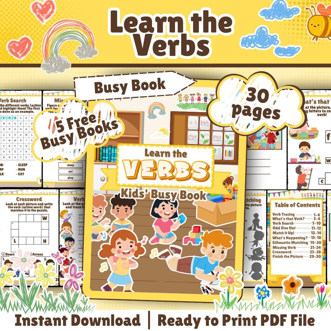 Learn the Verbs Busy Book | Action Words Printable | Preschool Fun ...