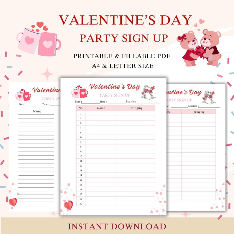 Valentine’s Day Party Sign up Sheet Printable | Class Party Potluck ...