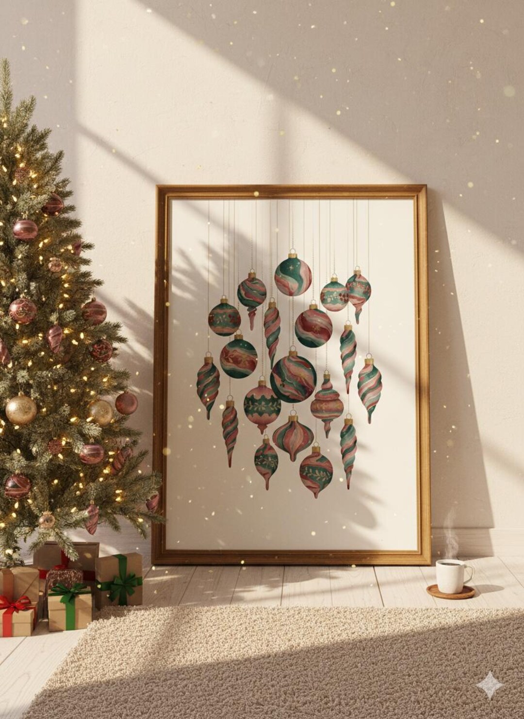 Christmas Baubles Print, Holiday Ornaments, Winter Wall Art (digital ...