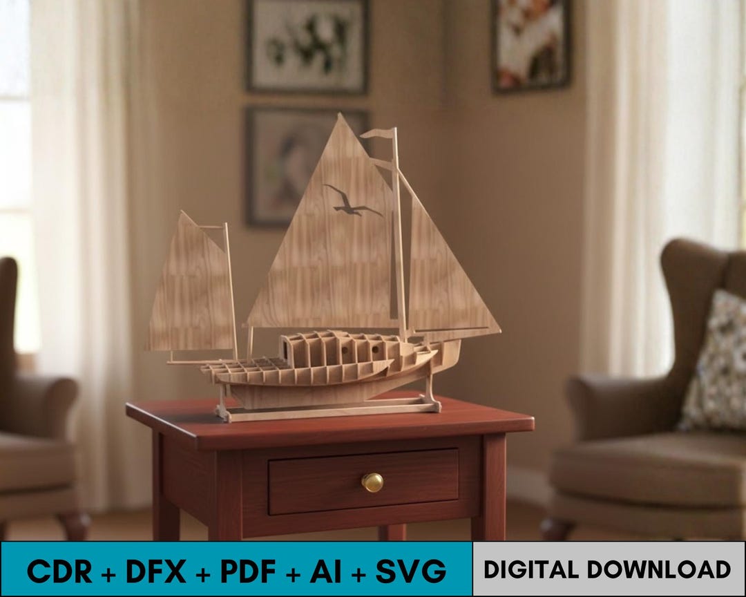 Wooden Sailboat Laser Cut File - SVG, DXF, Cdr, Ai, Pdf - Ship Model ...