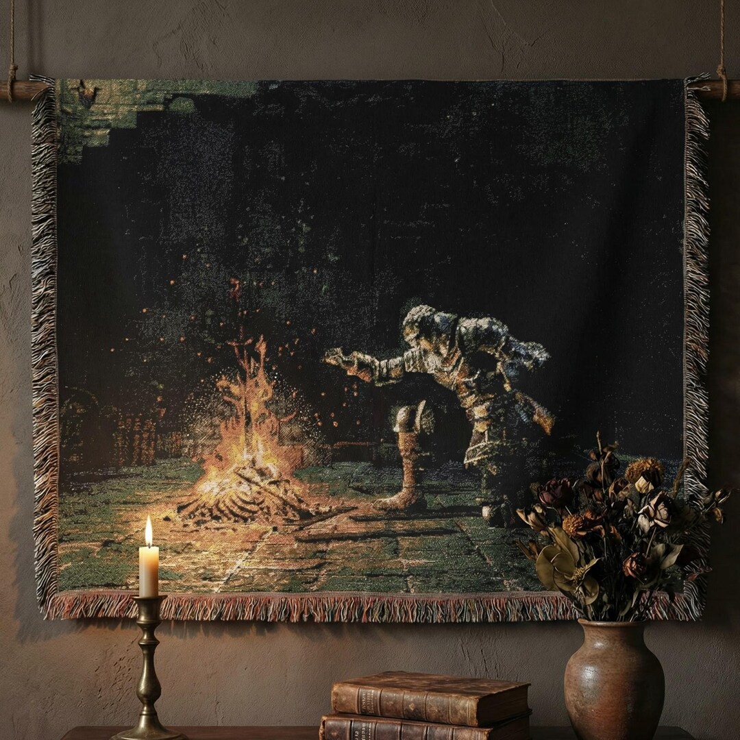 Dark Fantasy Bonfire Knight Woven Blanket, Soulslike RPG Tapestry Throw ...