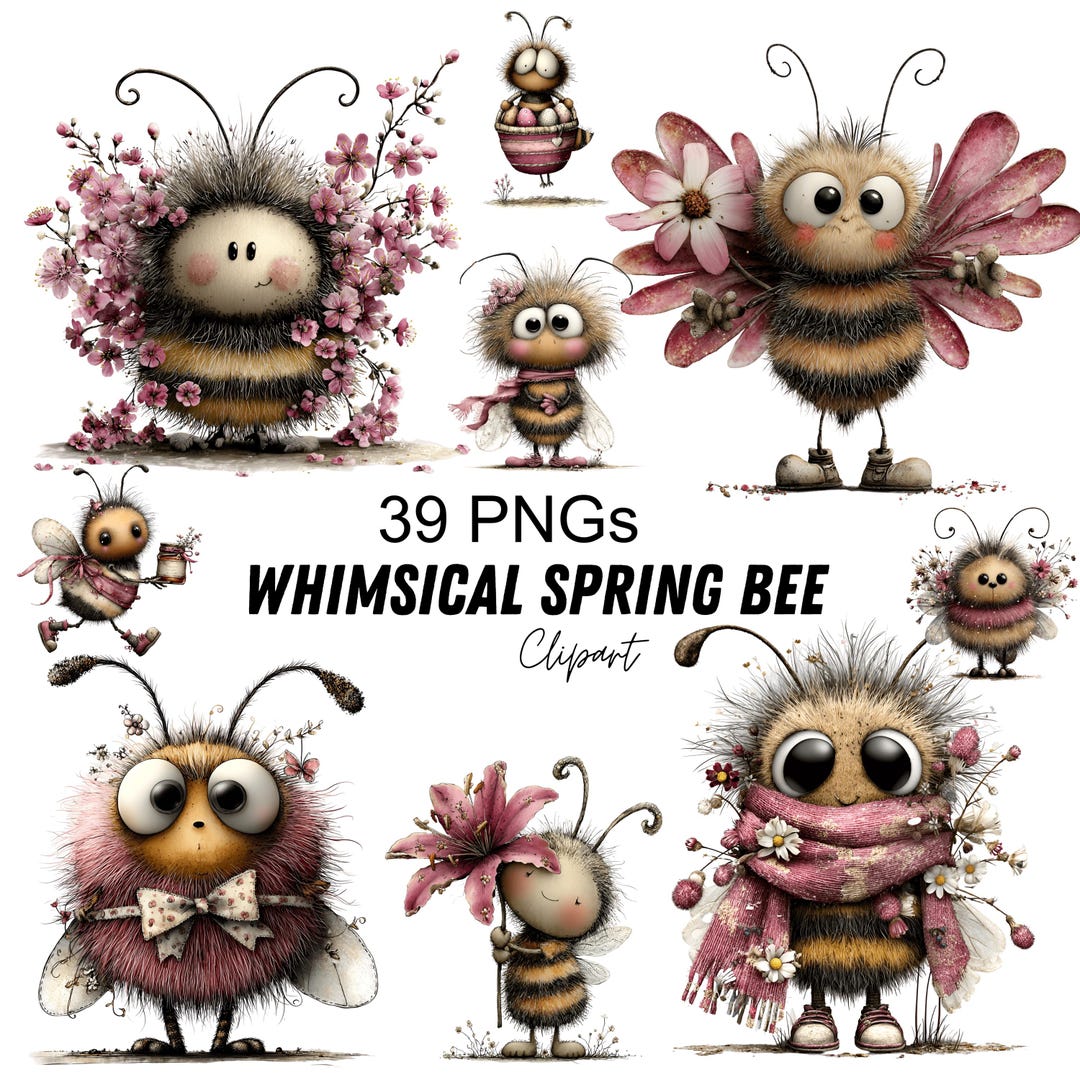39 PNG Whimsical Spring Bee Clipart Bundle, Cute Floral Bees Pastel ...