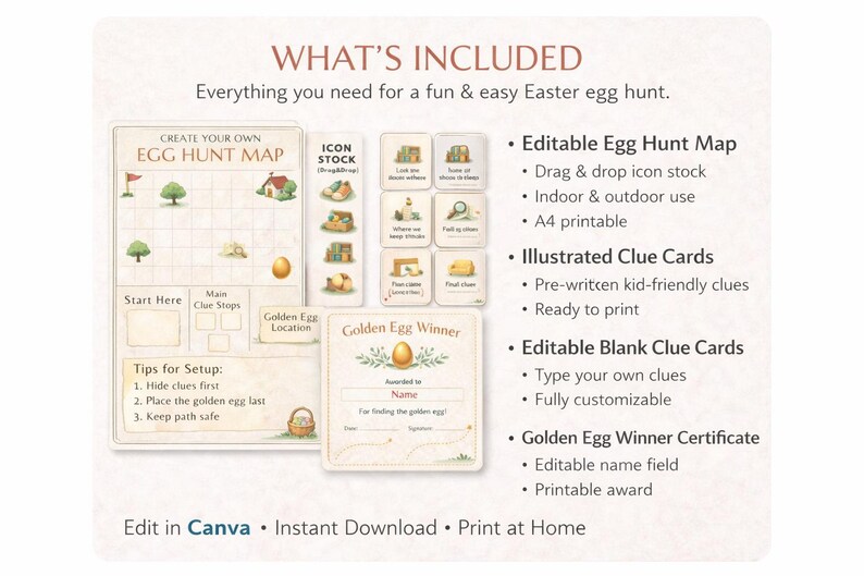 Printable Easter Egg Hunt Bundle, Editable Clue Cards, Map, Certificate ...