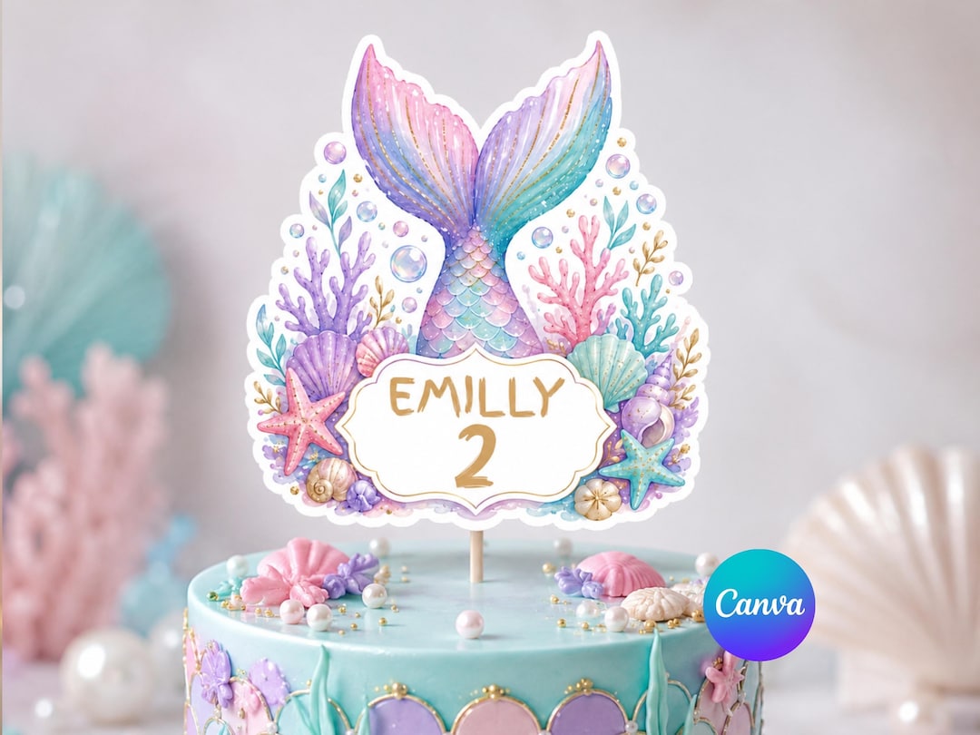 Mermaid Cake Topper, Editable Canva Mermaid Birthday Cake Topper ...