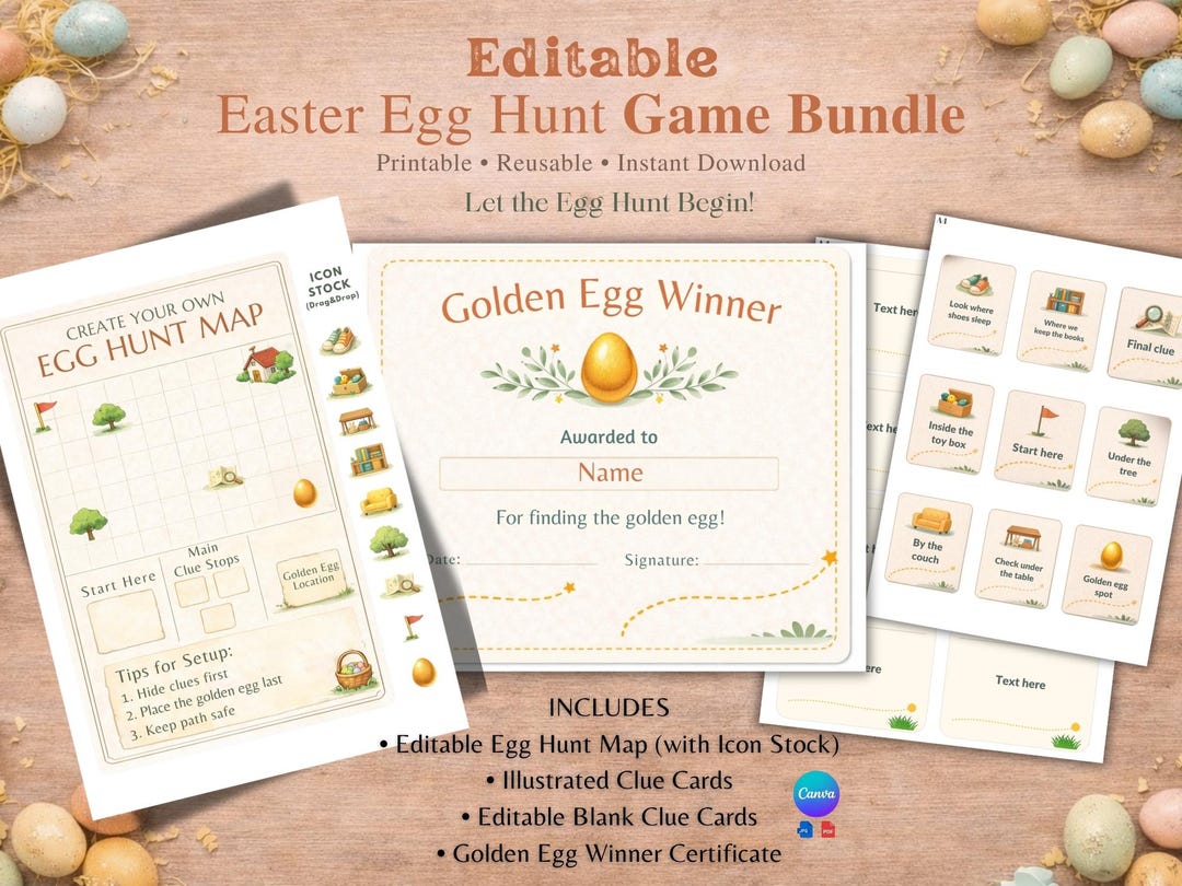 Printable Easter Egg Hunt Bundle, Editable Clue Cards, Map, Certificate ...