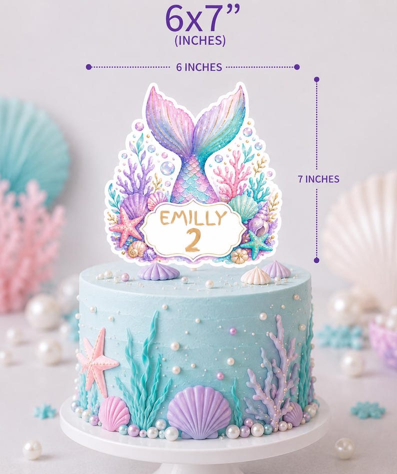 Mermaid Cake Topper, Editable Canva Mermaid Birthday Cake Topper ...