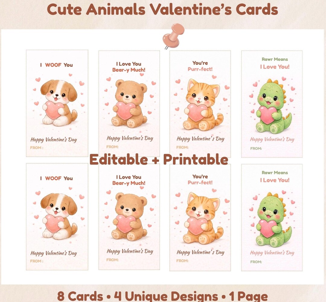 Animal Valentine Cards for Kids, Classroom Exchange (editable Canva ...