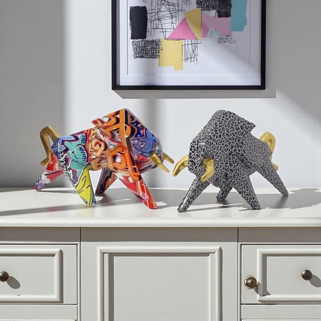 Modern Bull Statue Resin Sculpture, Abstract Graffiti Bull Decor ...