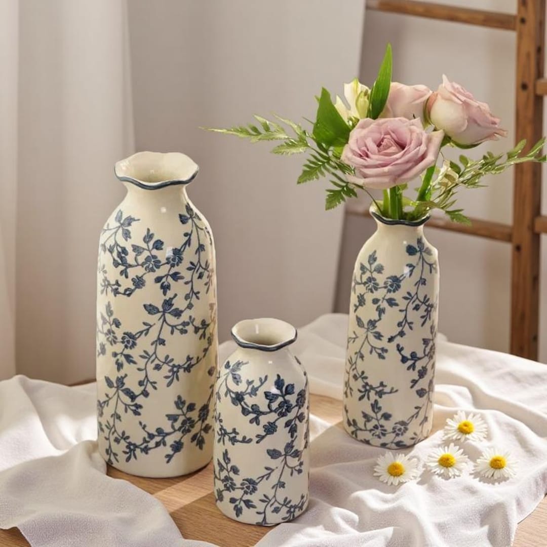 Blue and White Ceramic Vase, Vintage Porcelain Vase Set, Floral ...