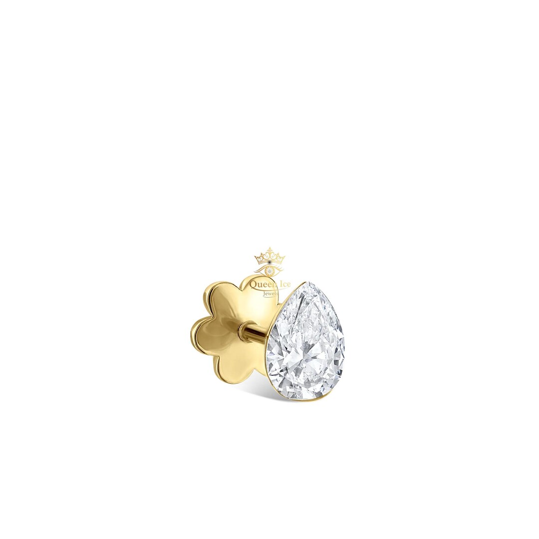 Invisible Set Lab Diamond Pear Threaded Stud Earring, 14k Solid Gold ...