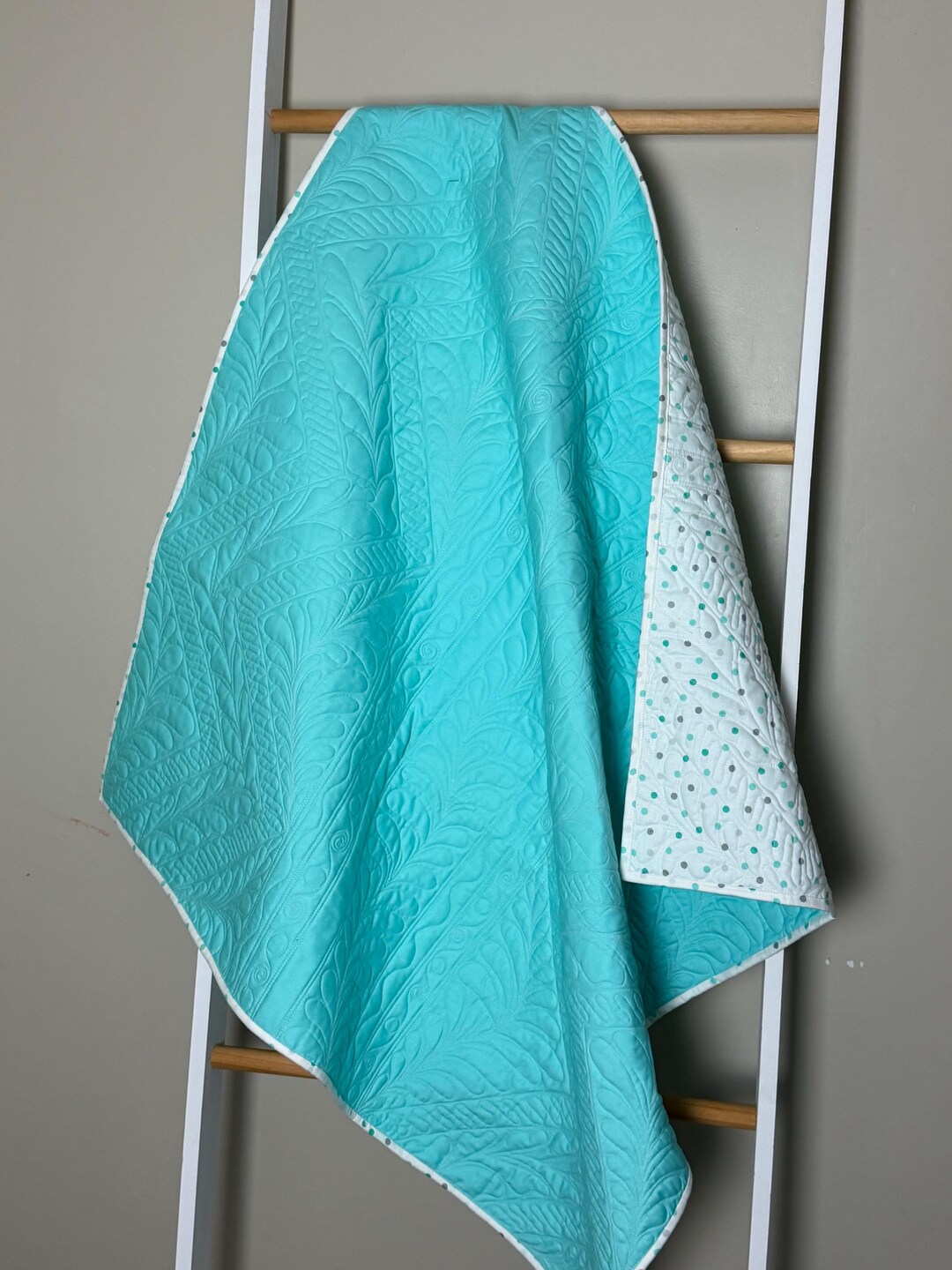 Whole Cloth Teal Baby Quilt With White Teal and Gray Polka Dots on ...