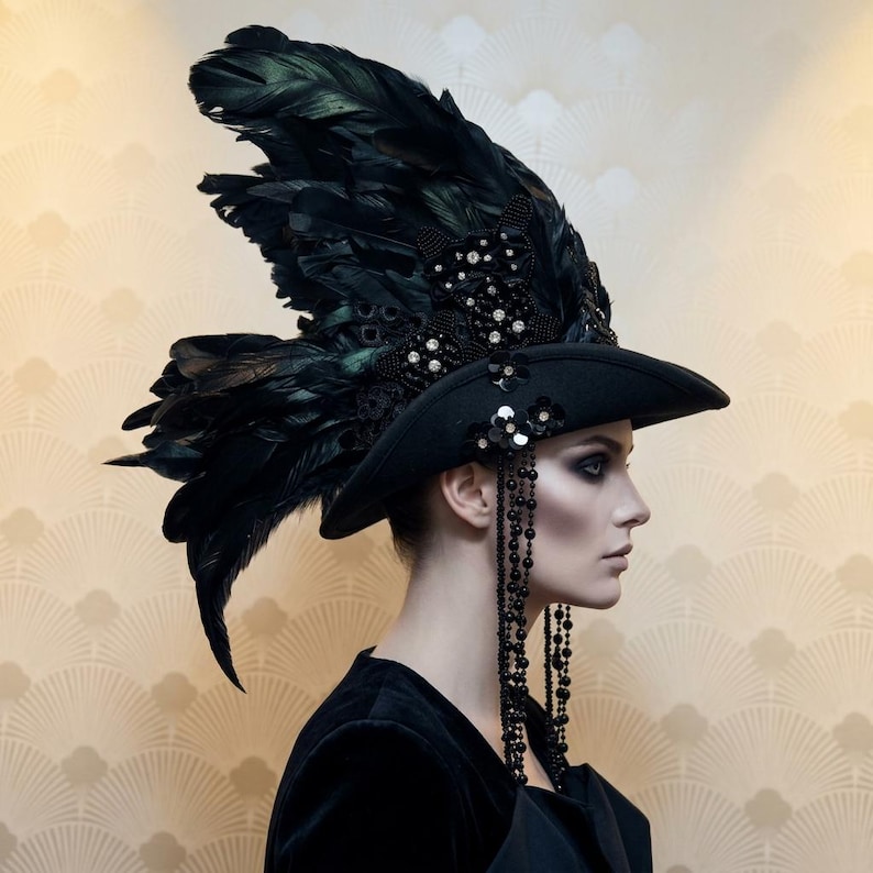 Black Feather Hat Gothic Wide Brim Fascinator Raven Headpiece Vintage ...