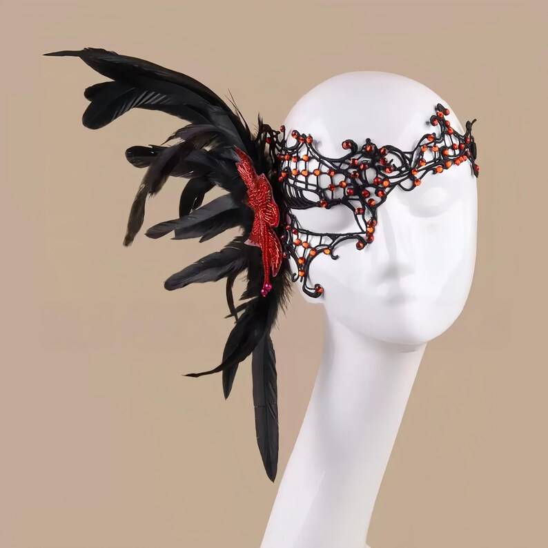Half Face Lace Masquerade Mask With Feathers, Dark Fantasy Gothic Eye ...