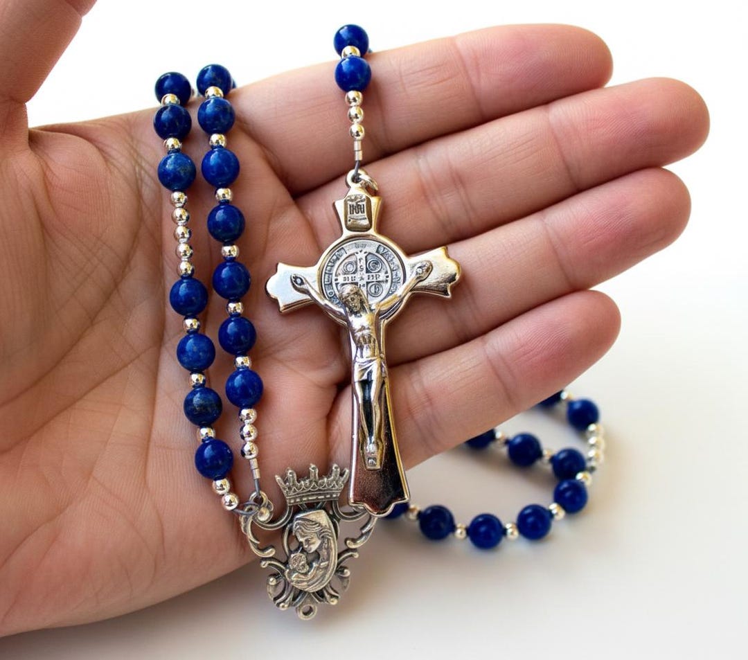 Lapis Lazuli Stone Rosary – Virgin Mary Center, Saint Benedict Silver ...