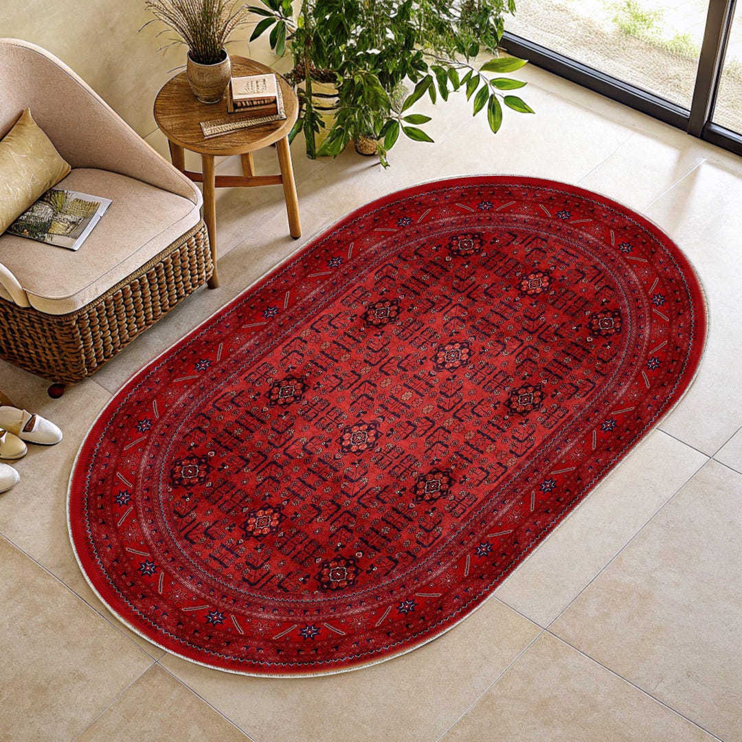 Oval Afghan Rug, Tribal Design Red Kilim Runner, Washable Floor Mat - Etsy