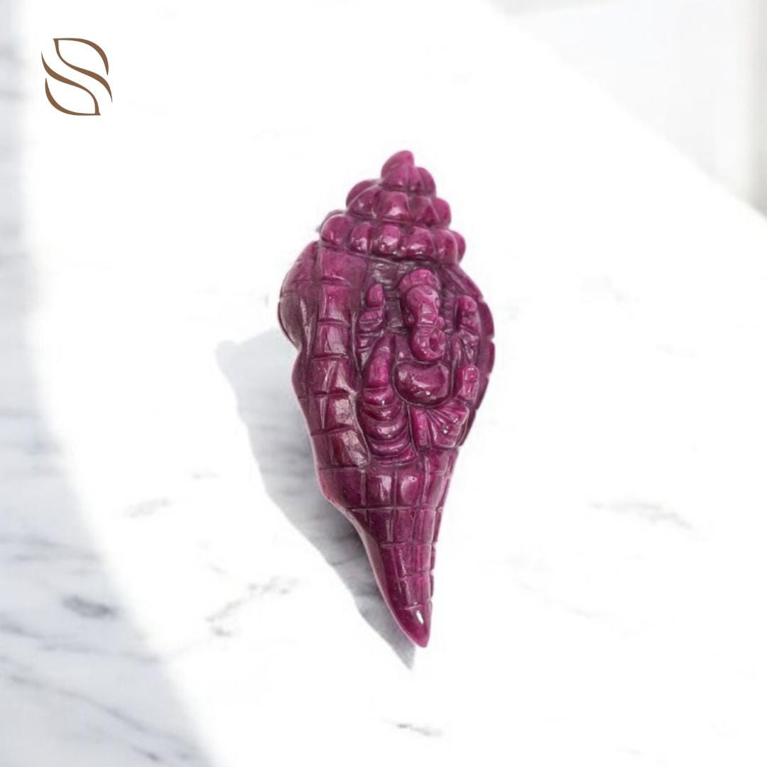 Shankh With Lord Ganesha Hand-carved in Natural Ruby Sacred Gemstone ...
