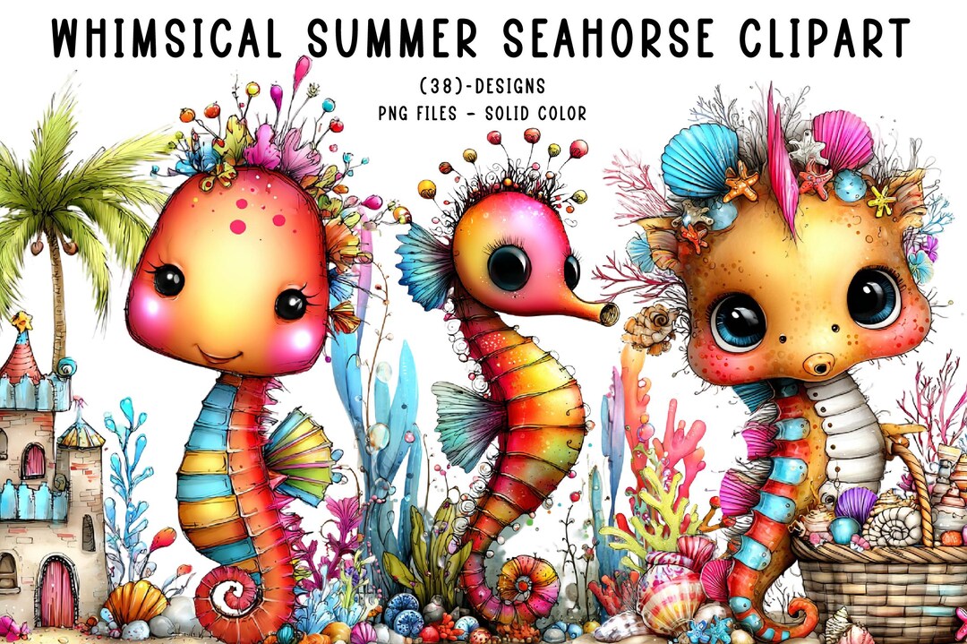 38 Seahorse Clipart PNG Bundle, Whimsical Summer Ocean Seahorse Cute ...
