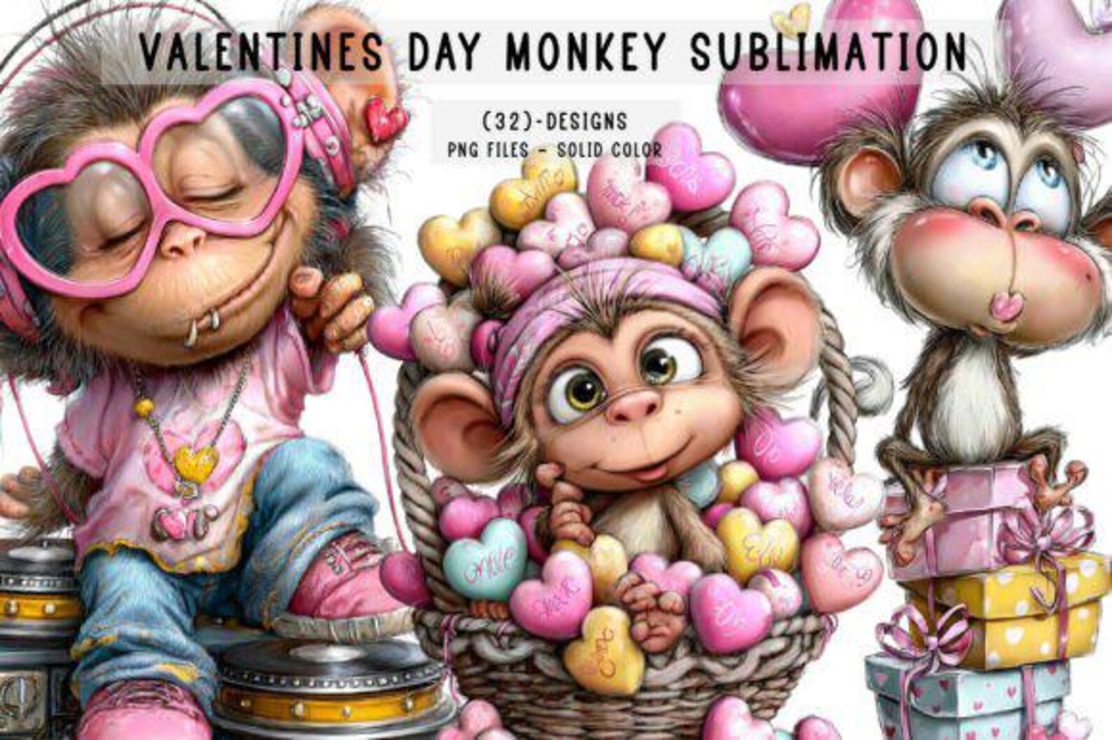 32 Valentines Day Monkey Clipart PNG / Cute Love Animals / Whimsical ...