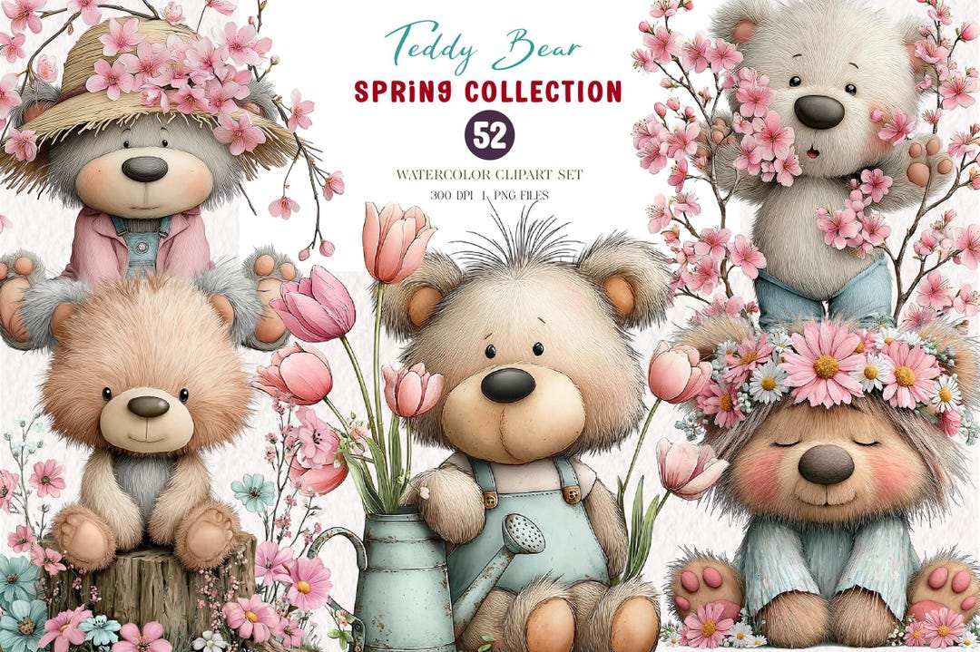 52 Teddy Bear Watercolor Clipart Spring Collection Cute Bears PNG ...