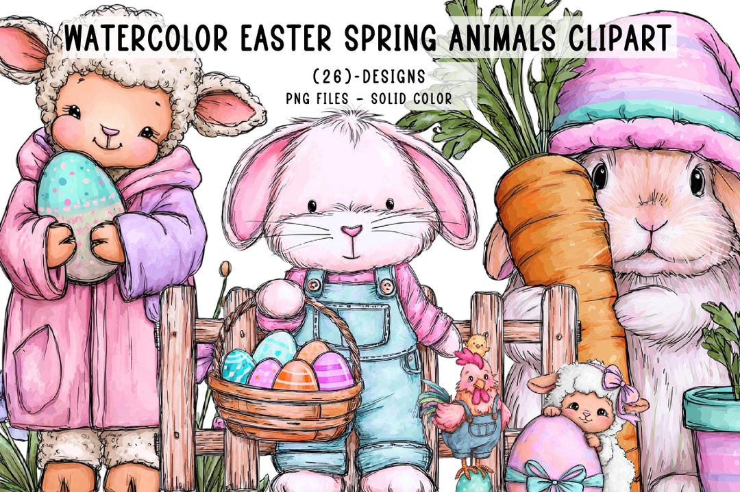 26 Watercolor Easter Spring Animals Clipart Bundle, Cute Bunny Lamb ...