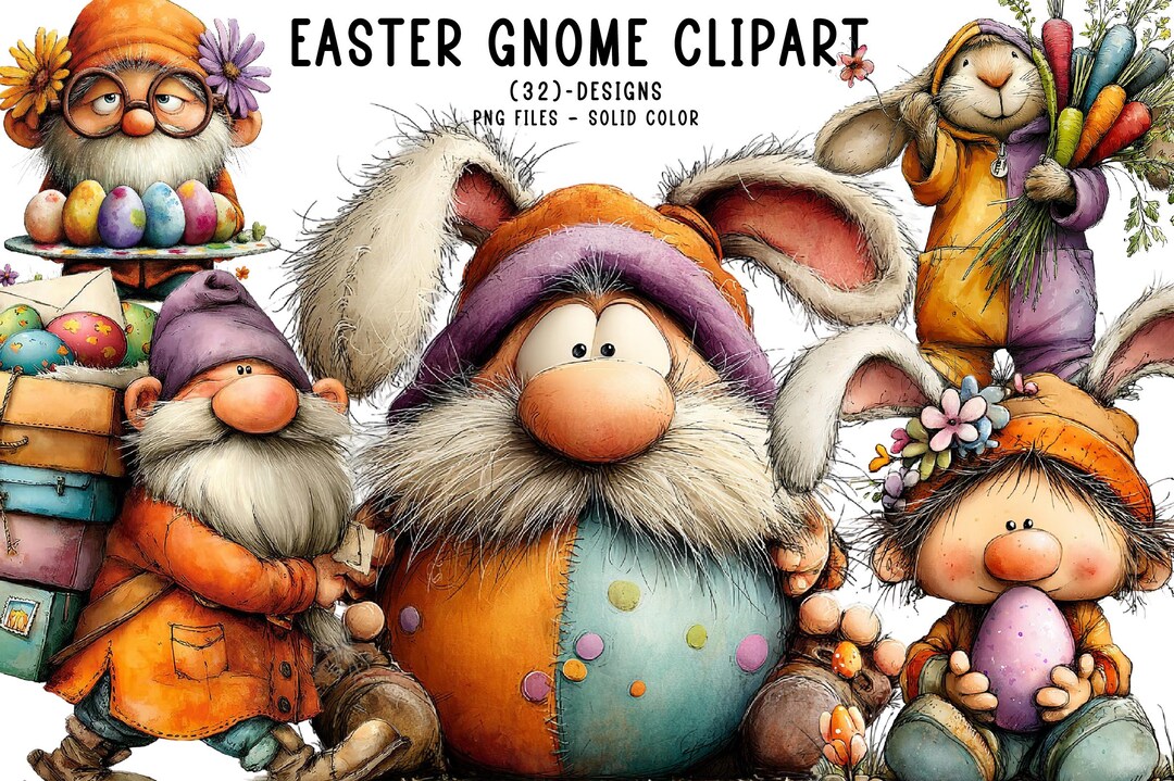 32 Easter Gnome Clipart Bundle, Whimsical Bunny Gnomes PNG, Spring ...