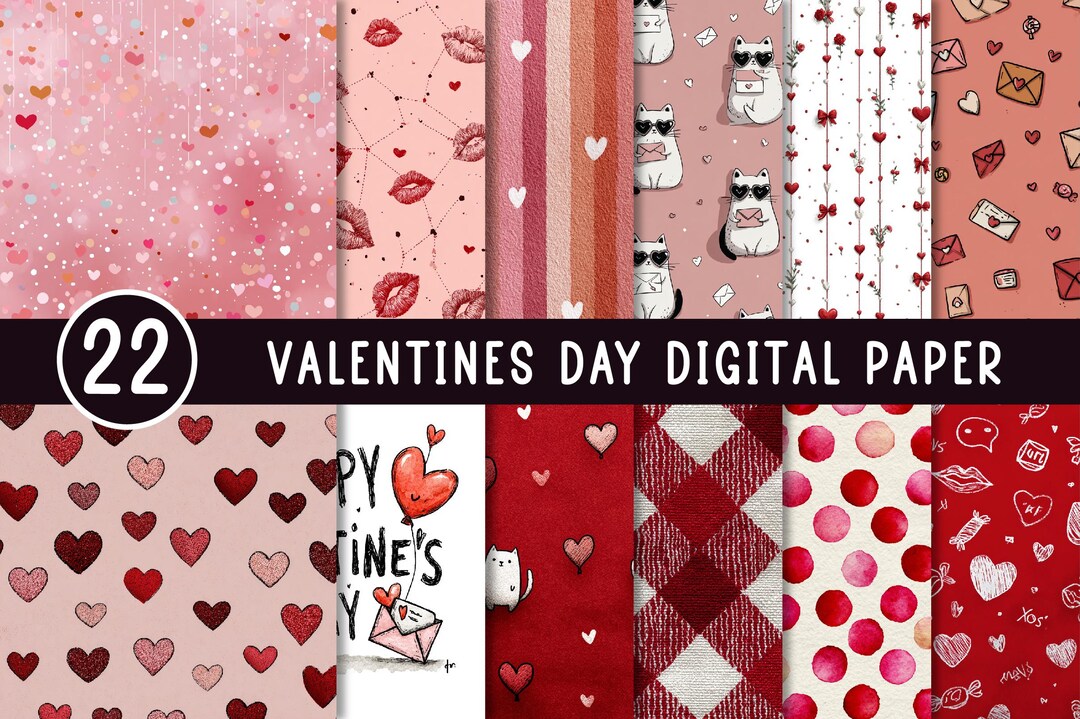 22 Valentines Day Digital Paper Heart Patterns Love Scrapbook Paper ...