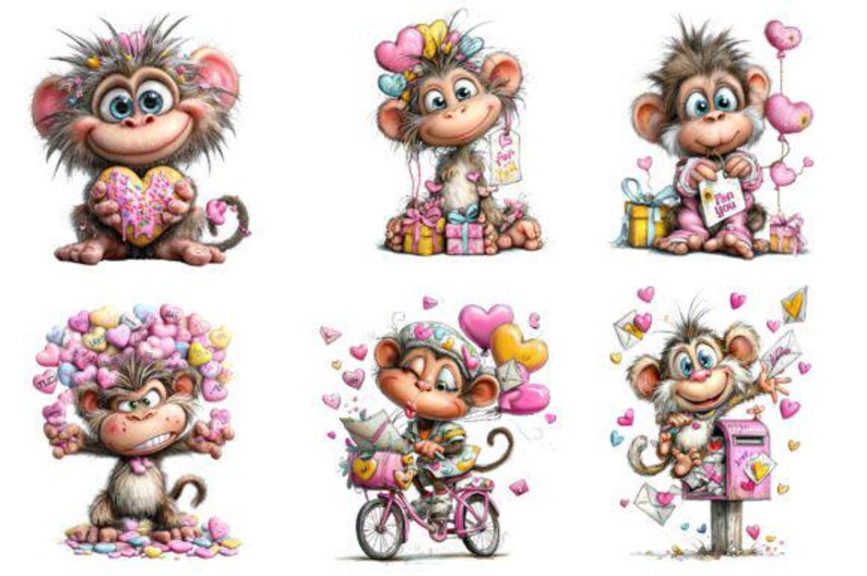 32 Valentines Day Monkey Clipart PNG / Cute Love Animals / Whimsical ...