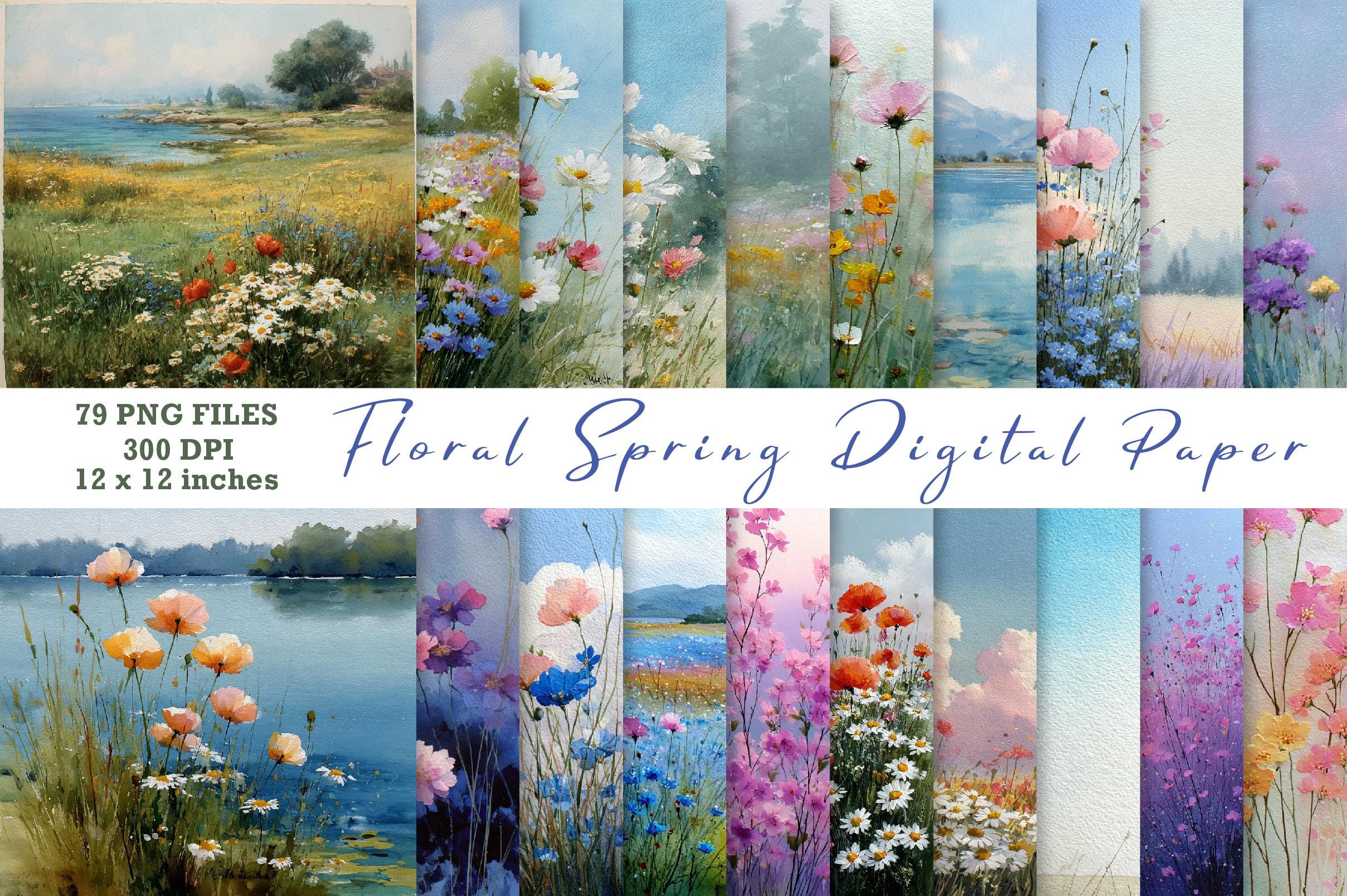 79 Floral Spring Digital Papers Watercolor Meadow Flowers Pastel ...