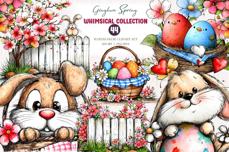 44 Gingham Spring Clipart Bunny PNG Bundle Easter Eggs Basket ...
