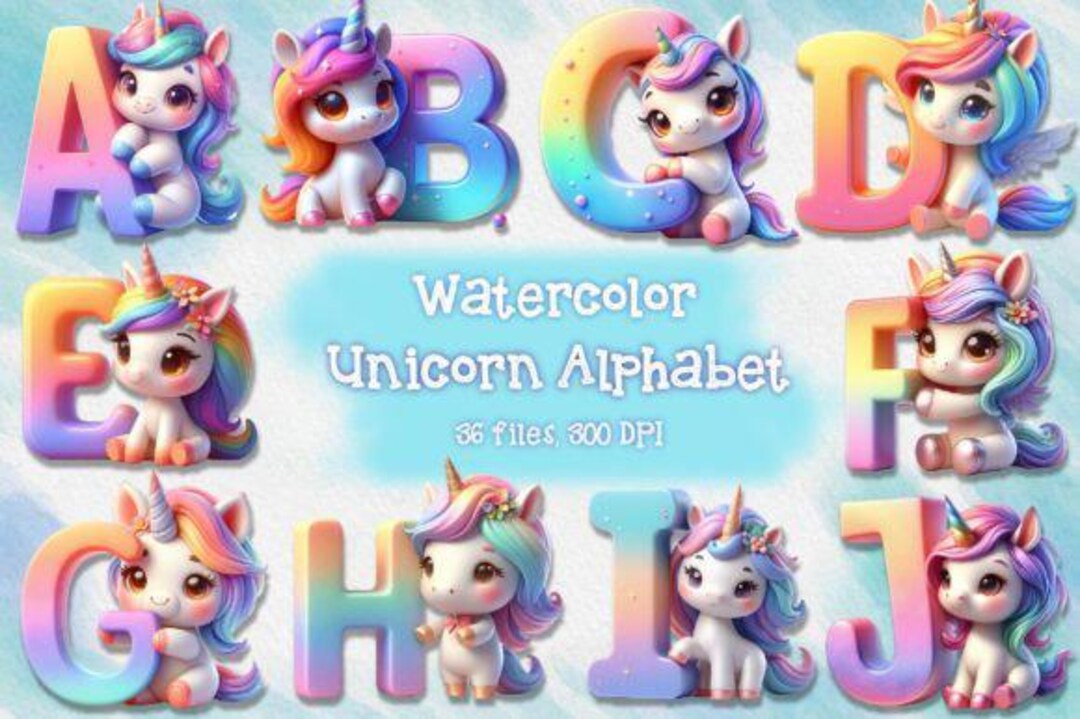 36 Unicorn Alphabet PNG / Watercolor Letters Clipart / Cute Unicorn ABC ...