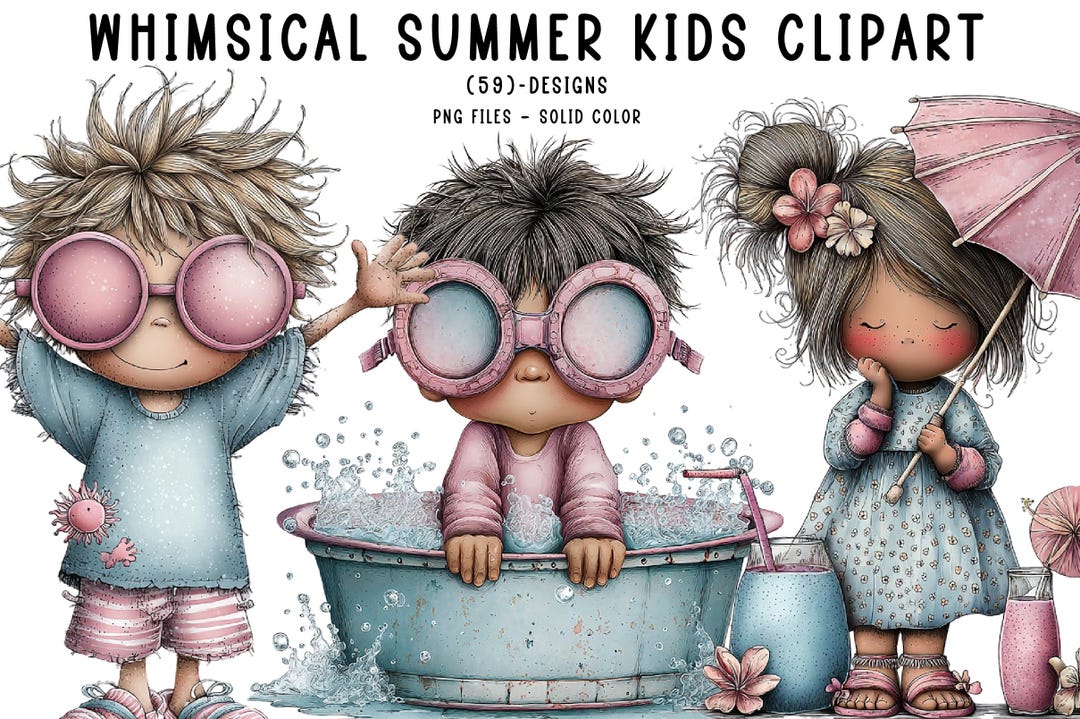 59 Summer Kids Clipart PNG Bundle, Whimsical Cute Kids Graphics, Beach ...