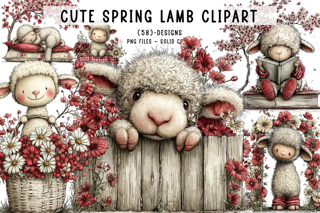 58 Cute Spring Lamb Clipart Bundle, Baby Sheep PNG Illustrations ...