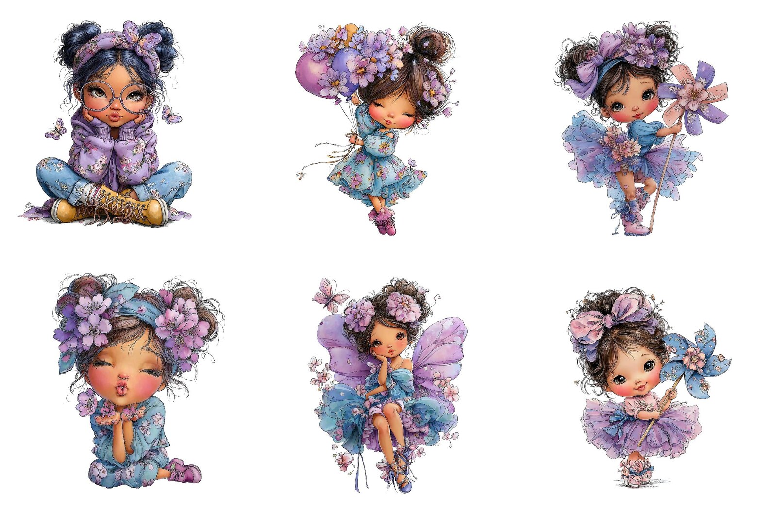 74 Spring Girl Clipart Watercolor Girls Floral Portraits Whimsical ...
