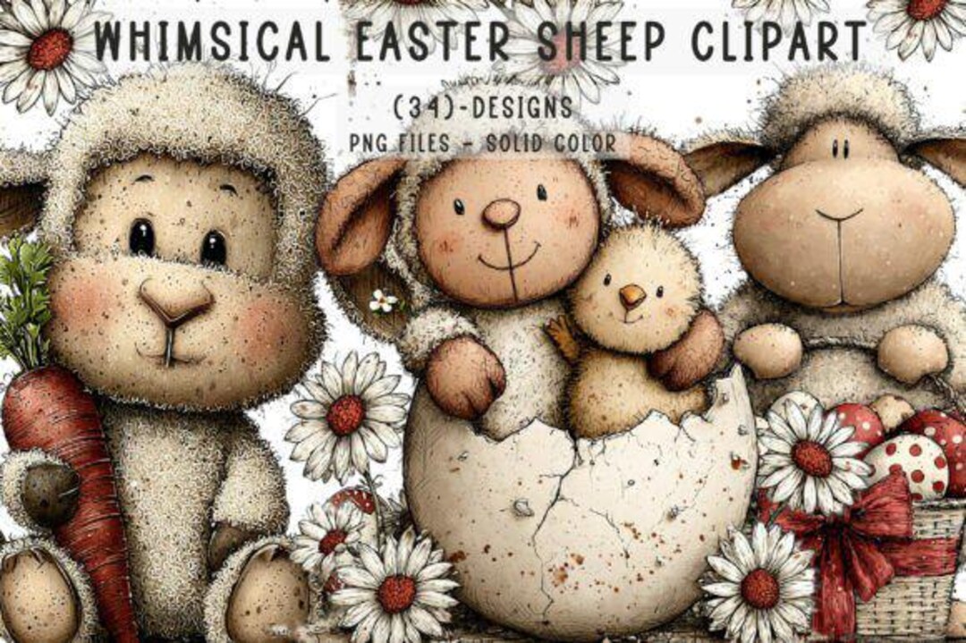 34 Whimsical Easter Sheep Clipart PNG / Cute Lamb Spring Art / Vintage ...