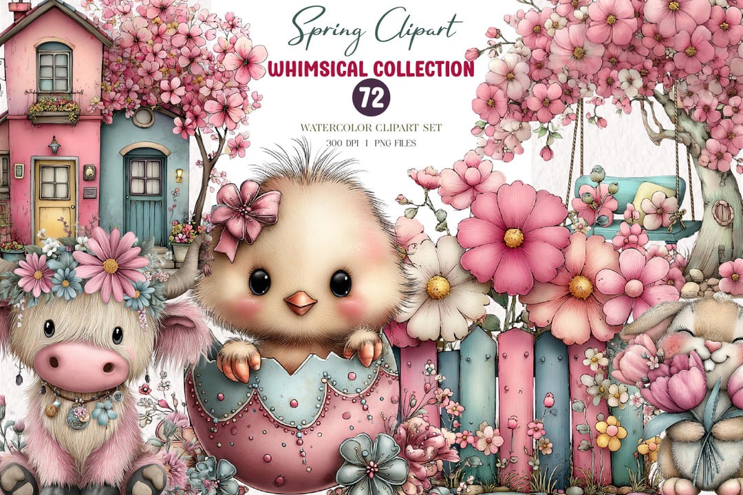 72 Spring Clipart Cute Spring Animals PNG Bundle Watercolor Whimsical ...