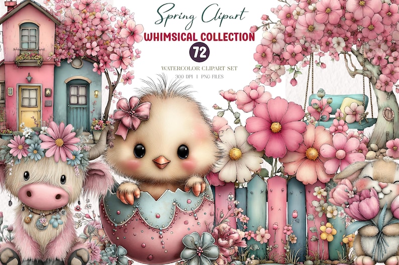 72 Spring Clipart Cute Spring Animals PNG Bundle Watercolor Whimsical ...