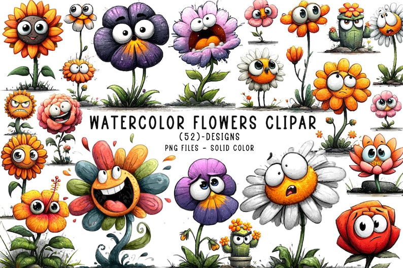 52 Watercolor Flowers Clipart PNG Cute Funny Flowers Cartoon Floral ...