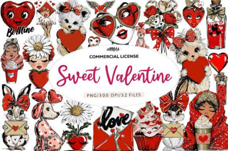 32 Sweet Valentine Clipart Bundle / Watercolor Love PNG / Cute Romantic ...