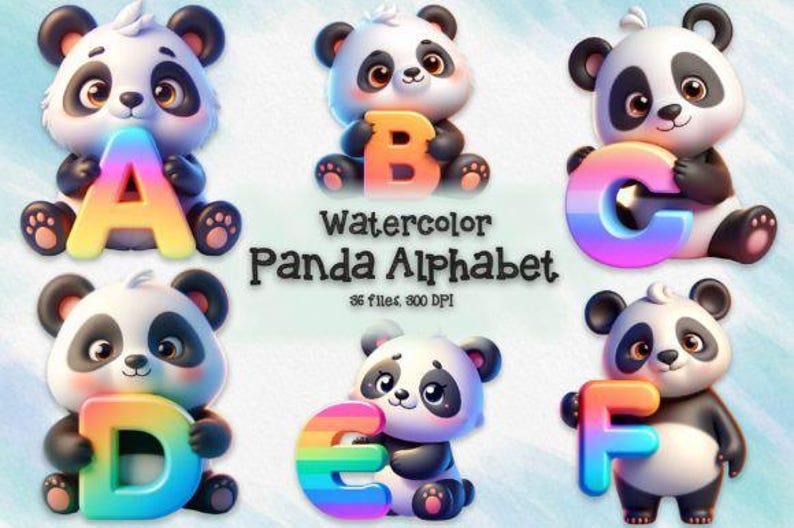 36 Panda Alphabet PNG / Watercolor Letters Clipart / Cute Panda ABC ...