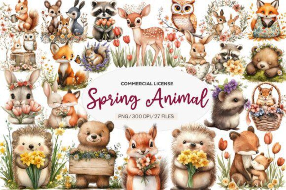 27 Spring Animal Clipart Bundle / Watercolor Woodland Creatures PNG ...