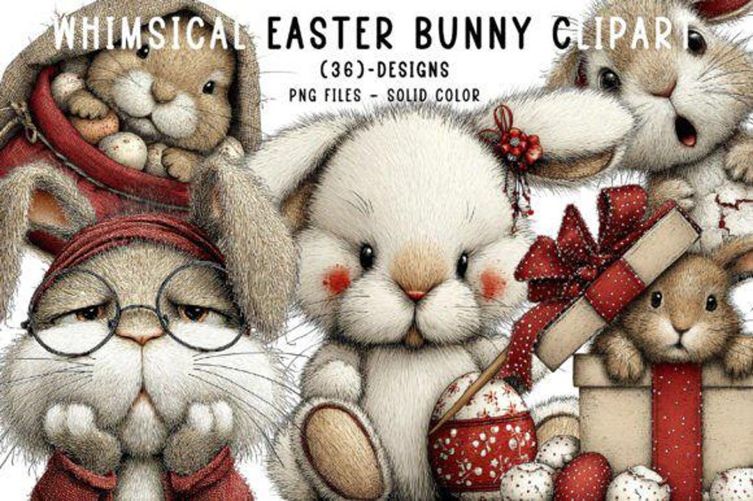 36 Whimsical Easter Bunny Clipart PNG / Cute Baby Rabbit Art / Vintage ...