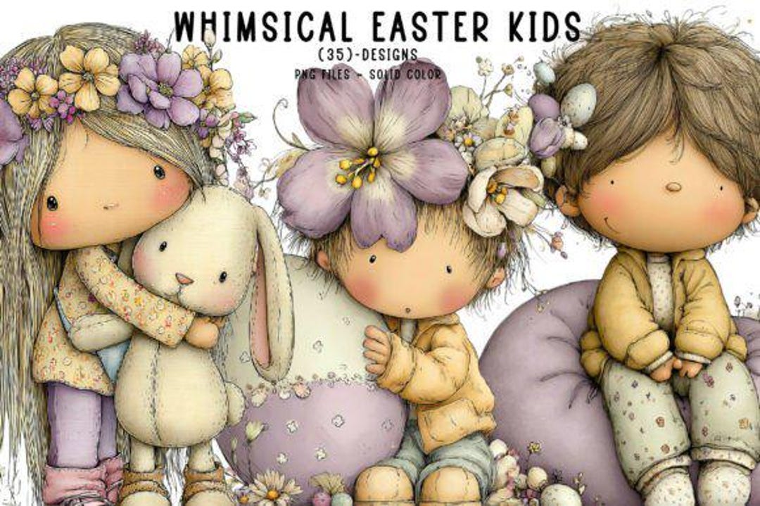 35 Whimsical Easter Kids Clipart PNG / Cute Easter Children / Spring ...