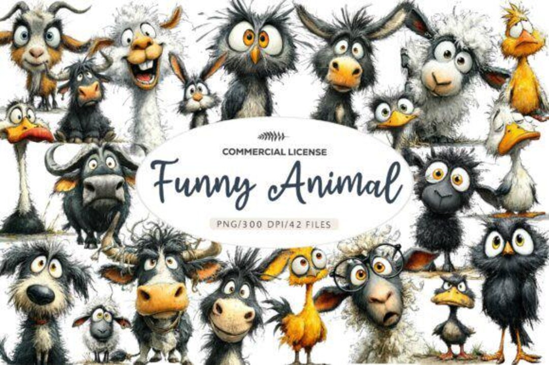 42 Whimsical Funny Animal Clipart PNG / Quirky Cartoon Creatures ...