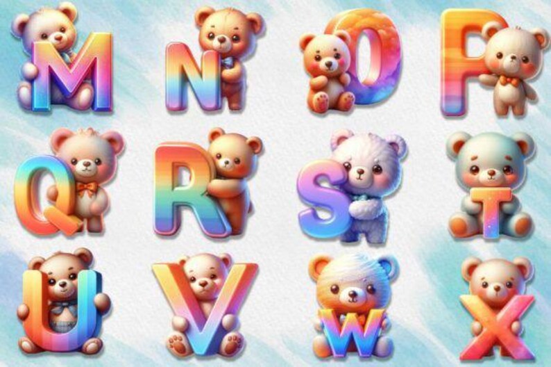 36 Teddy Bear Alphabet PNG / Watercolor Letters Clipart / Cute Bear ABC ...