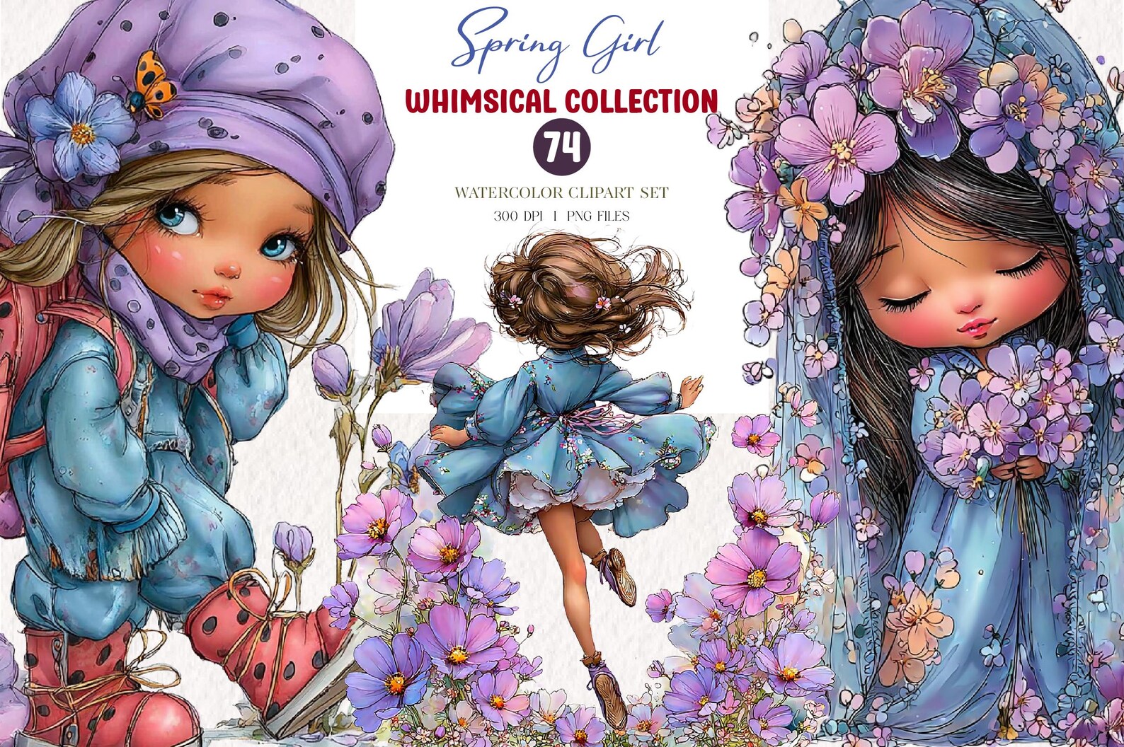 74 Spring Girl Clipart Watercolor Girls Floral Portraits Whimsical ...