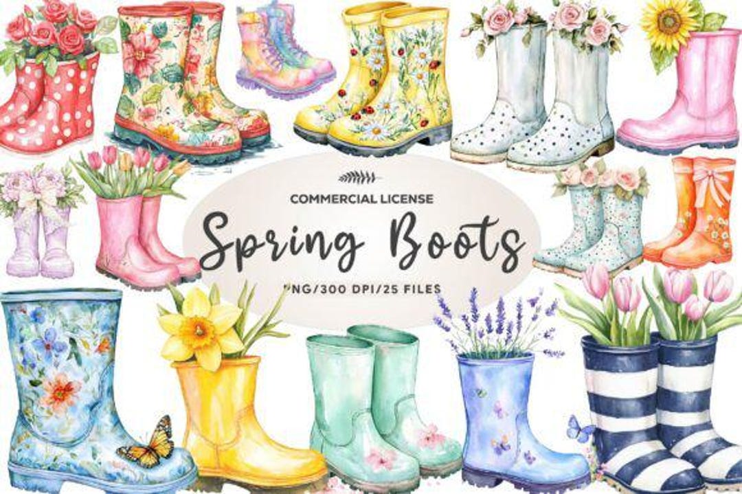 25 Spring Boots Watercolor Clipart PNG / Floral Rain Boots Clipart ...